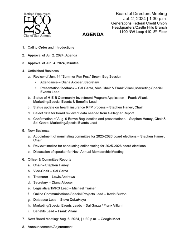 Jul. 2024 RECOSA Board Meeting - Retired Employees City of San Antonio