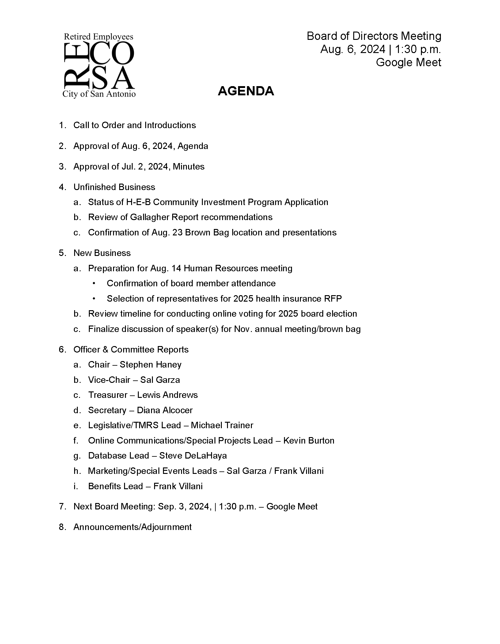 Aug. 2024 RECOSA Board Meeting | Aug. 23 Brown Bag - Retired Employees City of San Antonio
