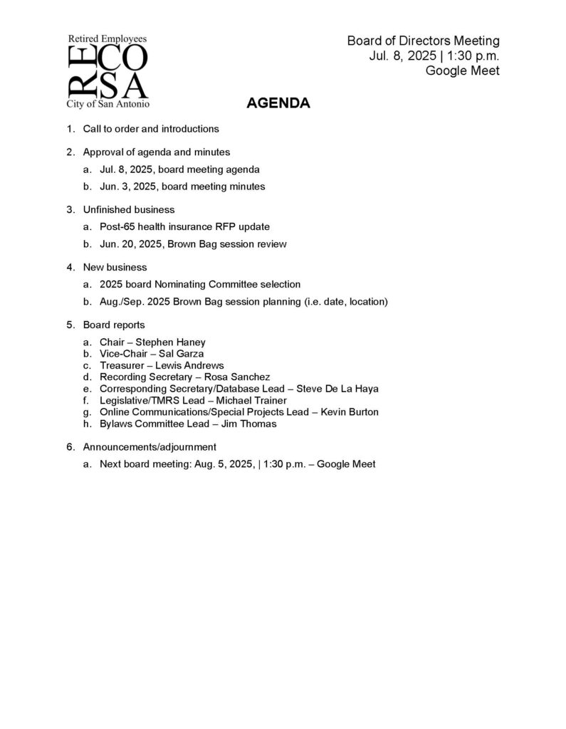 Jul. 2025 RECOSA Board Meeting Tomorrow - Retired Employees City of San Antonio