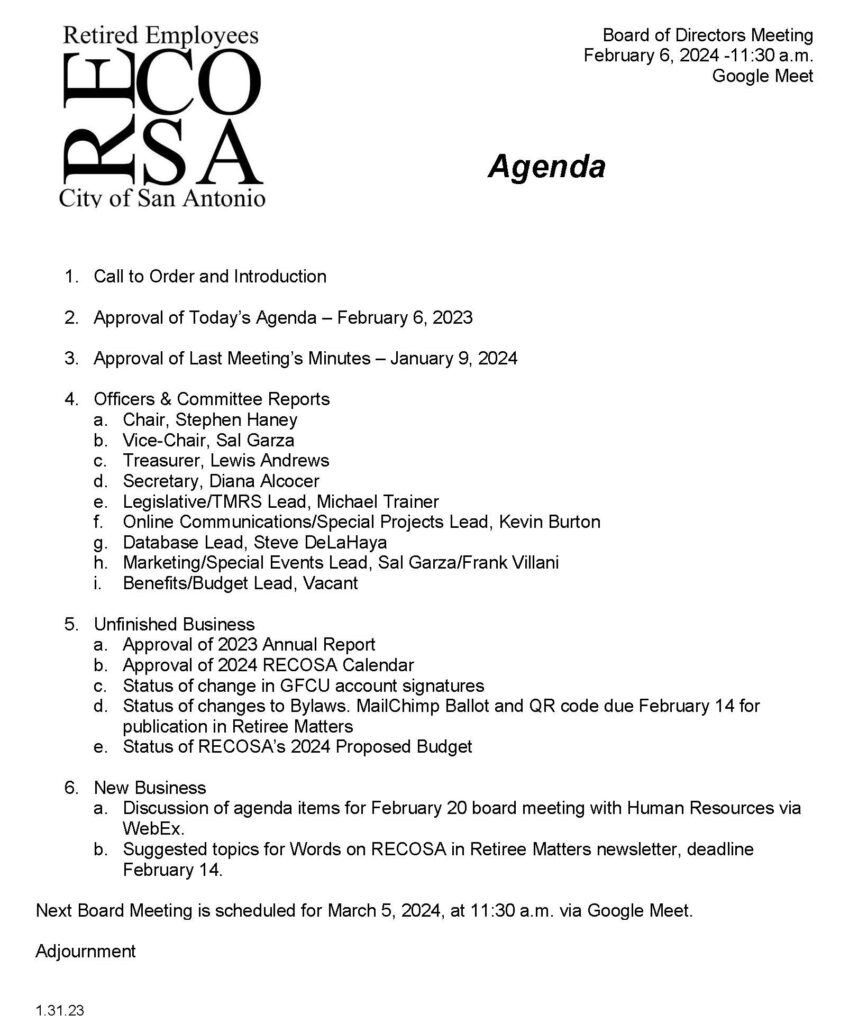 Feb. 6 RECOSA Board Meeting - Retired Employees City of San Antonio