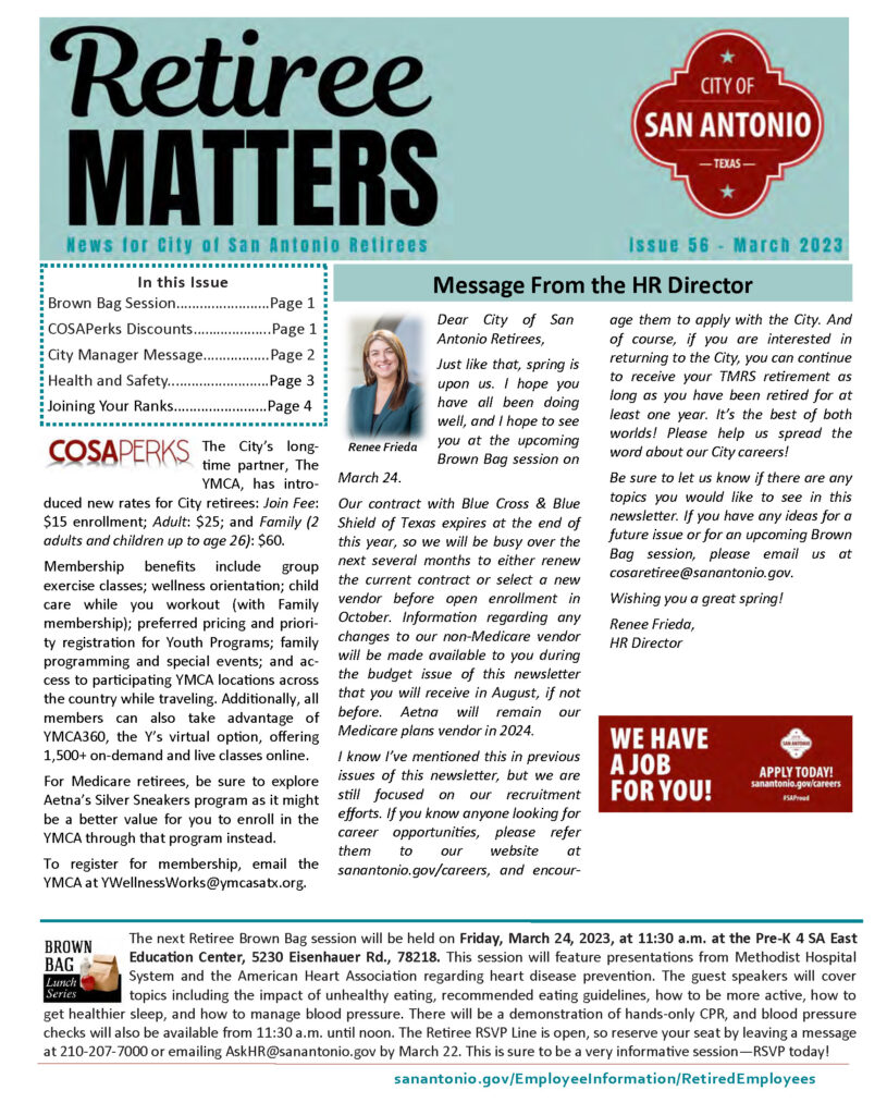 "Retiree Matters" Newsletters - Retired Employees City of San Antonio