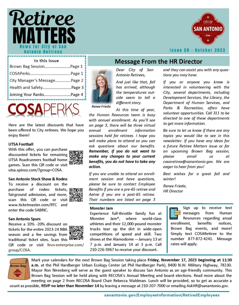 "Retiree Matters" Newsletters - Retired Employees City of San Antonio